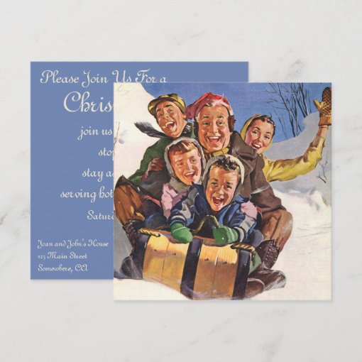 Vintage Christmas, Happy Family Toboggan Sledding Invitation | Zazzle