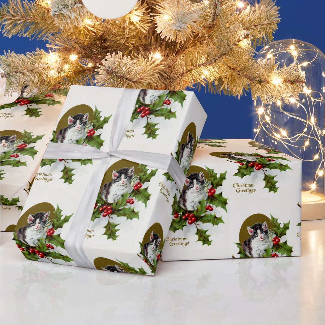 Vintage Christmas Holiday cat party wrap Wrapping Paper | Zazzle