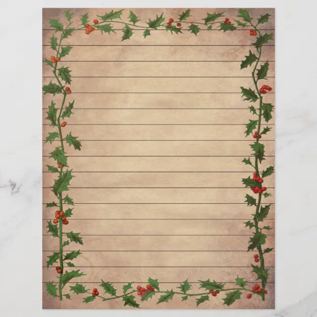 Vintage Christmas Holly Lined Writing Paper | Zazzle