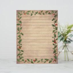 Vintage Christmas Holly Lined Writing Paper | Zazzle