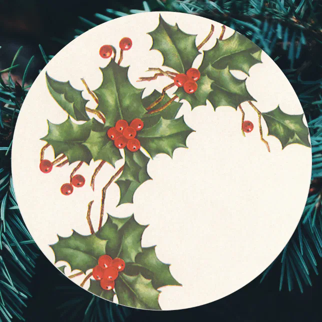 Vintage Christmas, Holly Plant with Red Berries Classic Round Sticker ...