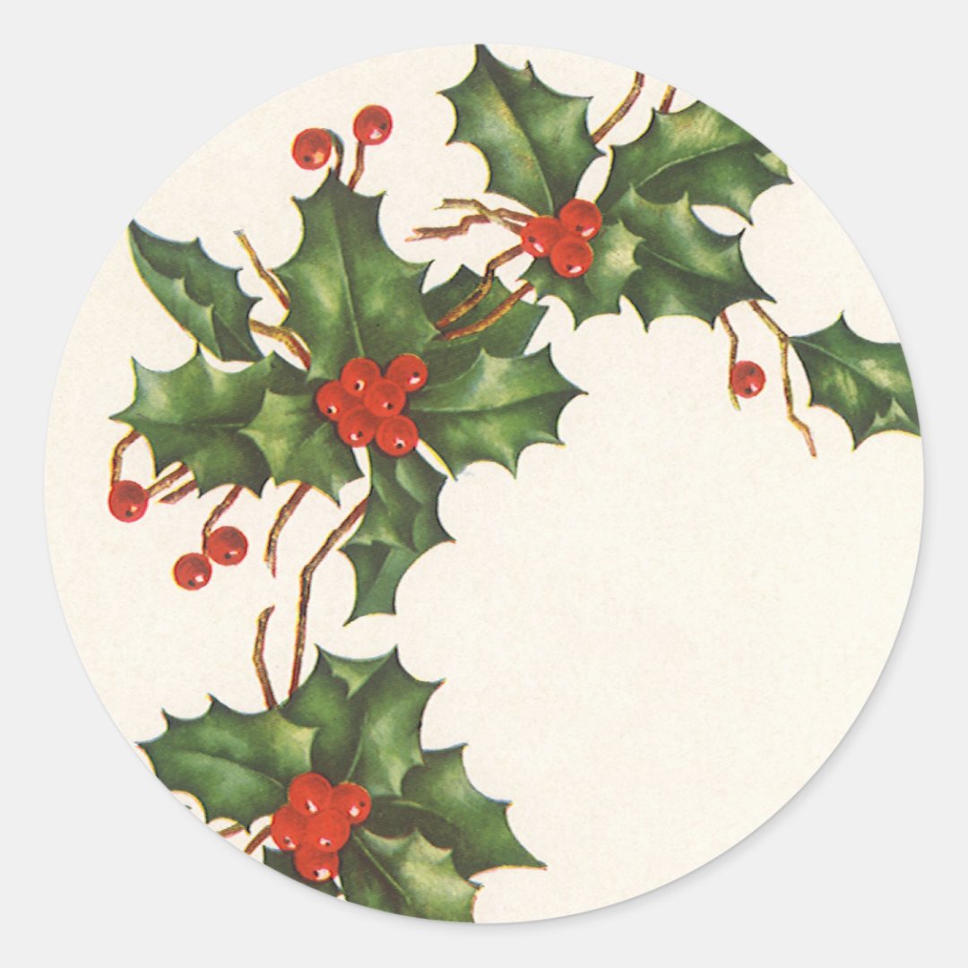 Vintage Christmas, Holly Plant with Red Berries Classic Round Sticker ...