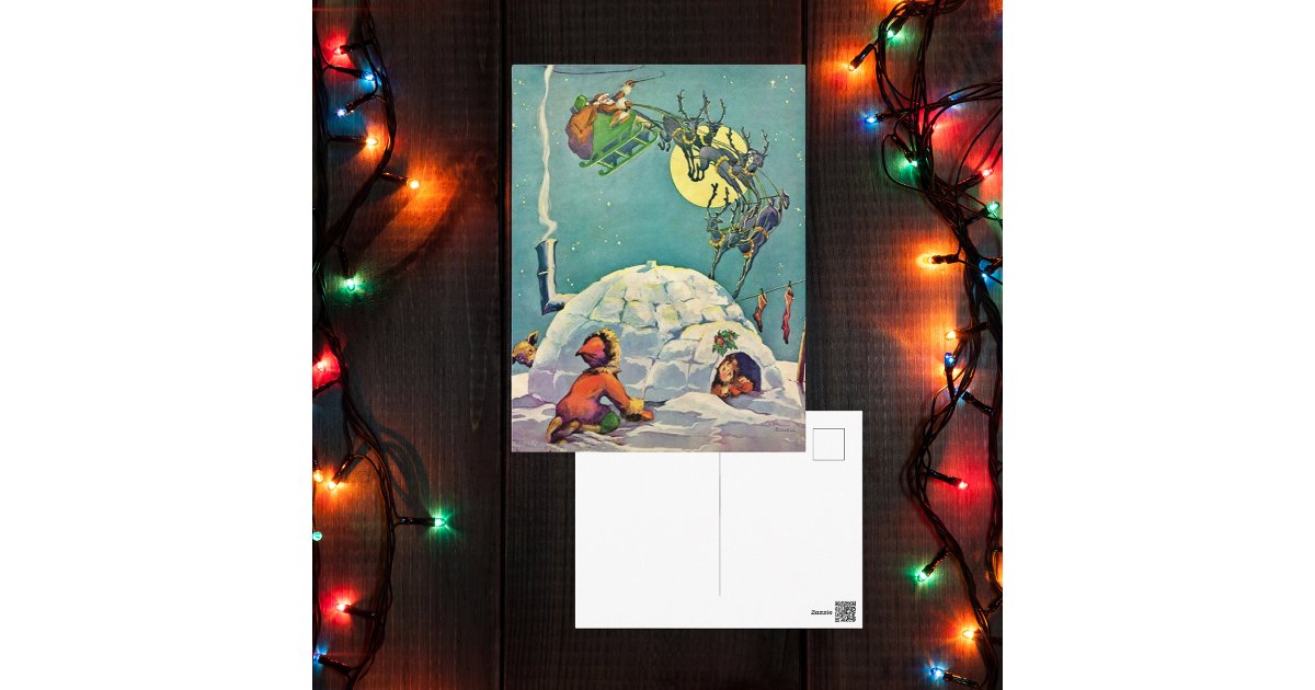 Vintage Christmas Inuit Igloo Santa Flying Postcard | Zazzle