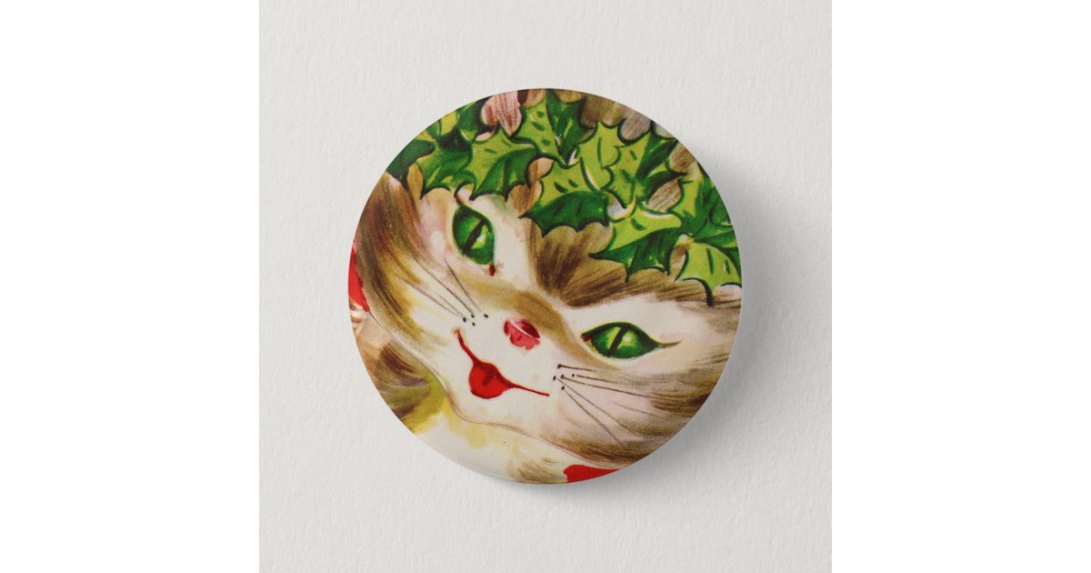 vintage Christmas kitty Button | Zazzle