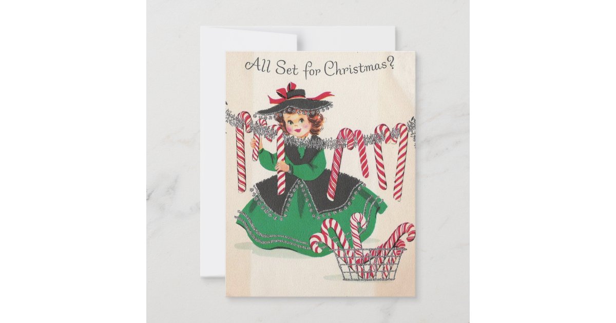 Vintage Christmas Lady Hangs Candy Canes Holiday Card | Zazzle