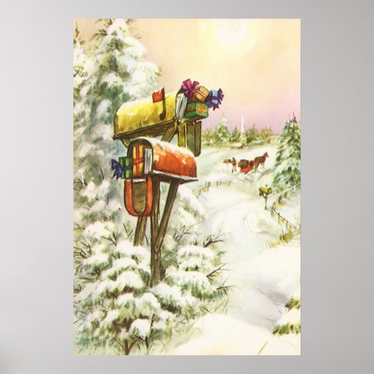Vintage Christmas, Mailboxes in Winter Landscape Poster | Zazzle.com