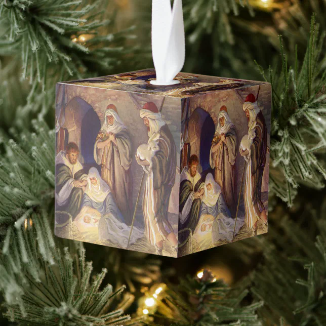 Vintage Christmas Nativity, 3 Shepherds and Jesus Cube Ornament | Zazzle