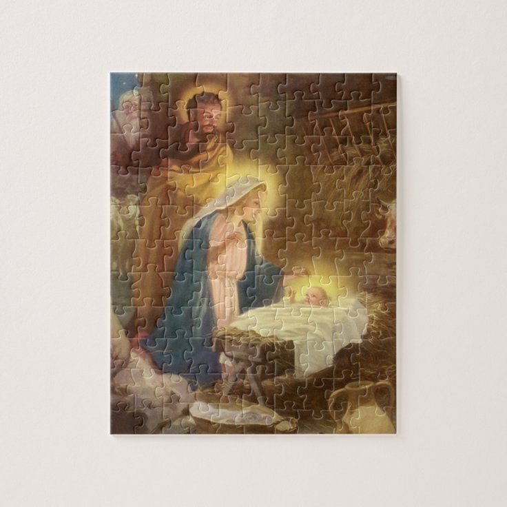 Vintage Christmas Nativity, Mary Joseph Baby Jesus Jigsaw Puzzle | Zazzle