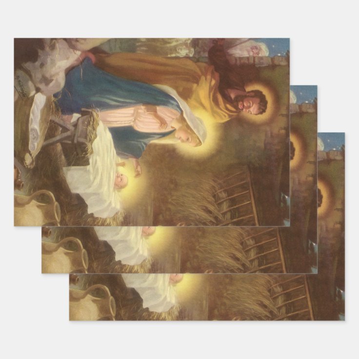 Vintage Christmas Nativity, Mary Joseph Baby Jesus Wrapping Paper ...