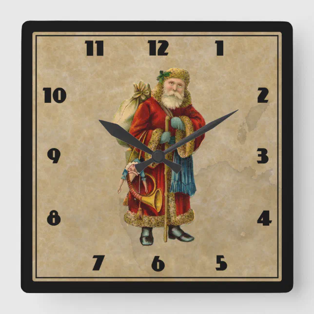 Vintage Christmas Old World Santa Claus Square Wall Clock | Zazzle