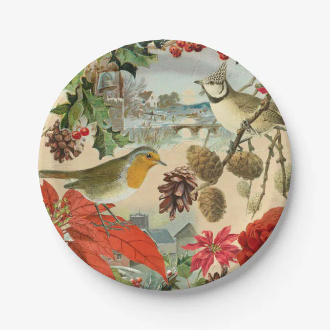 Vintage Christmas paper plates w/ birds and flower | Zazzle