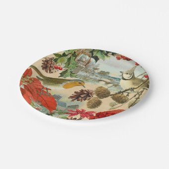 Vintage Christmas paper plates w/ birds and flower | Zazzle