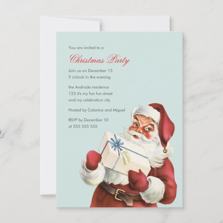 Vintage Christmas Party Jolly Santa Blue Holiday Invitation | Zazzle