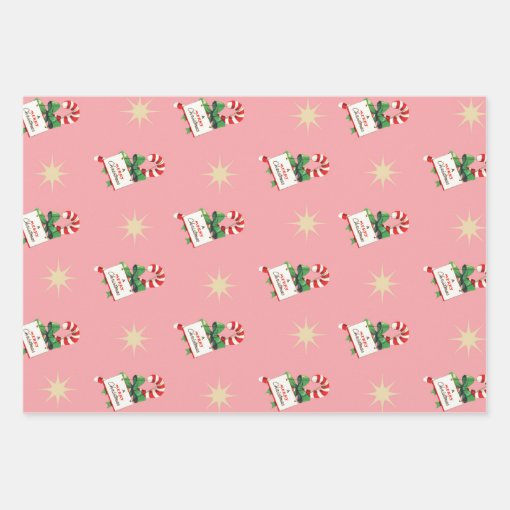 Vintage Christmas Pattern, Candy Canes with Pink Wrapping Paper Sheets ...