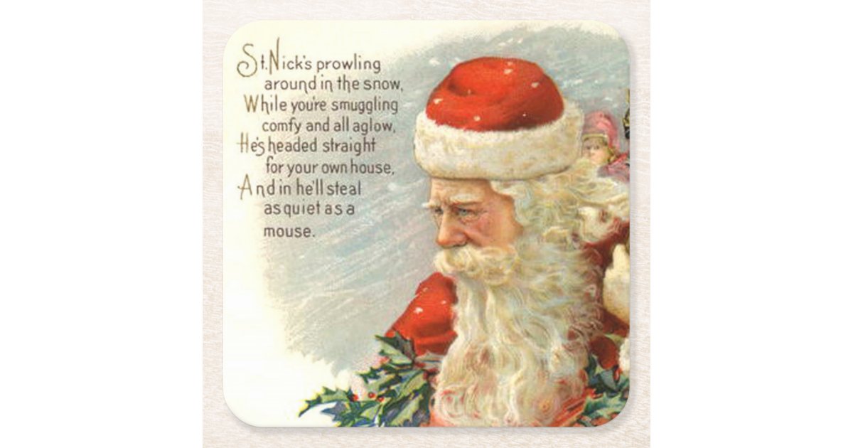 Vintage Christmas poem Santa party paper coasters | Zazzle