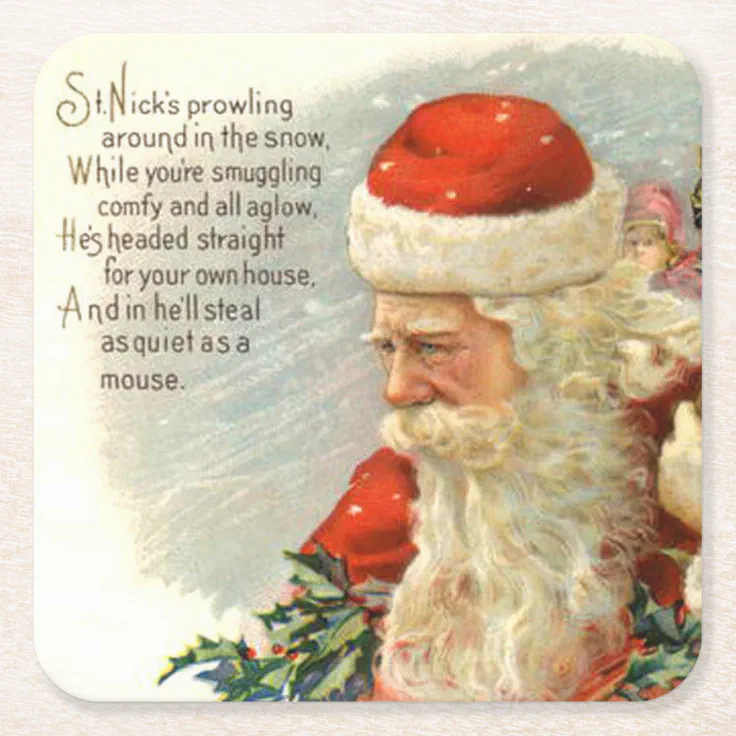 Vintage Christmas poem Santa party paper coasters | Zazzle