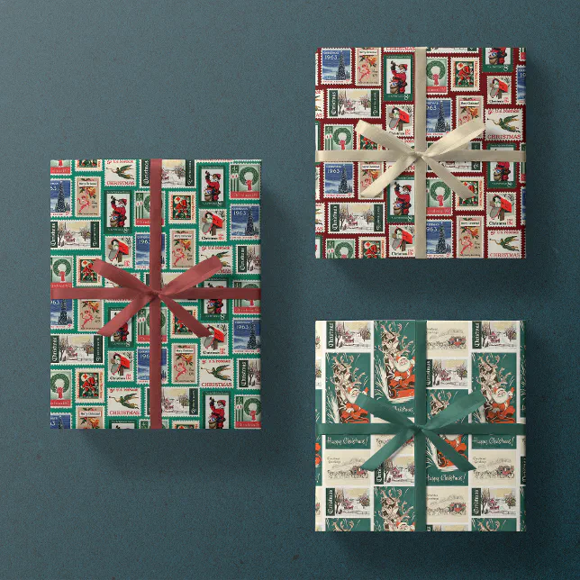 Vintage Christmas Postage Stamps Retro Trio Gift Wrapping Paper Sheets ...