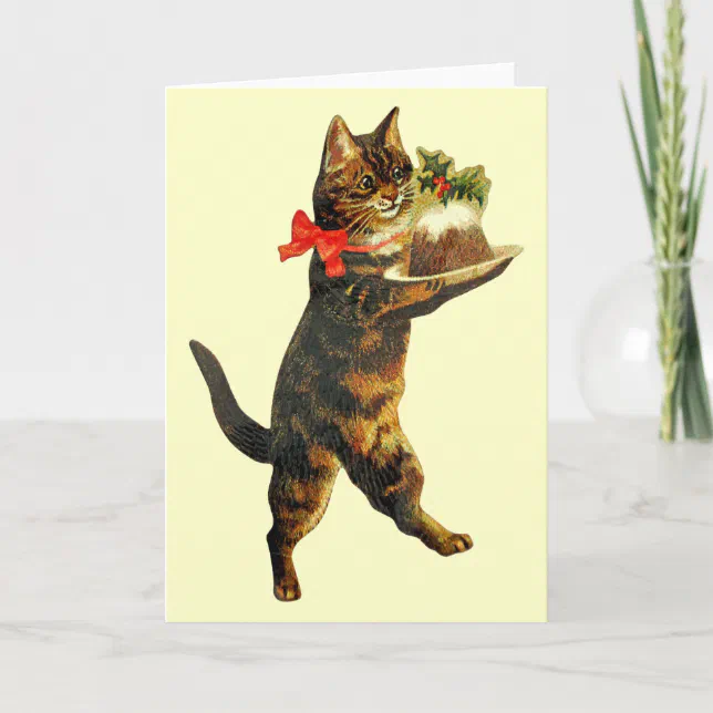 Vintage Christmas Pudding Cat Card | Zazzle