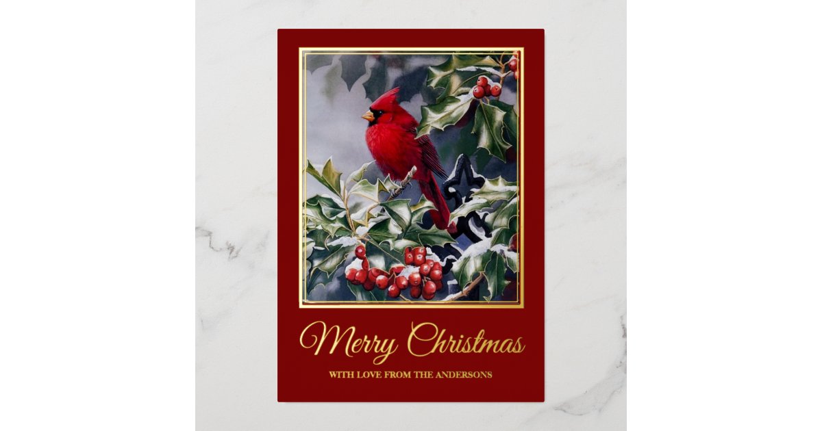 Vintage Christmas Red Cardinal Bird Foil Holiday Card | Zazzle