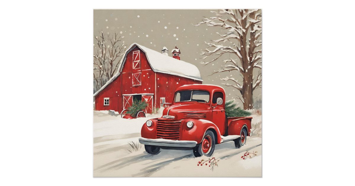 Vintage Christmas Red Truck and Red Barn Poster | Zazzle