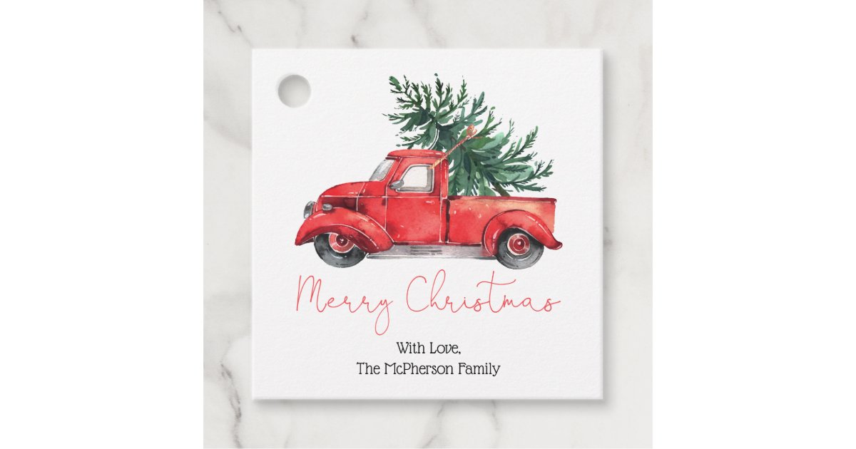Vintage Christmas Red Truck Pine Tree Favor Tags | Zazzle