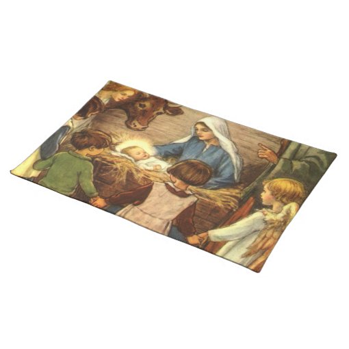Vintage Christmas, Religious Nativity w Baby Jesus Cloth Placemat | Zazzle
