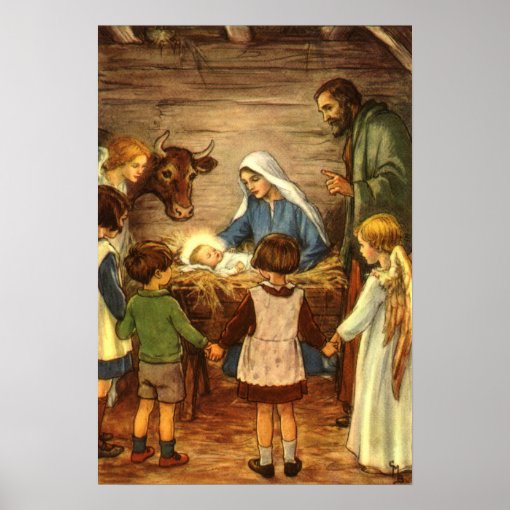 Vintage Christmas, Religious Nativity w Baby Jesus Poster | Zazzle