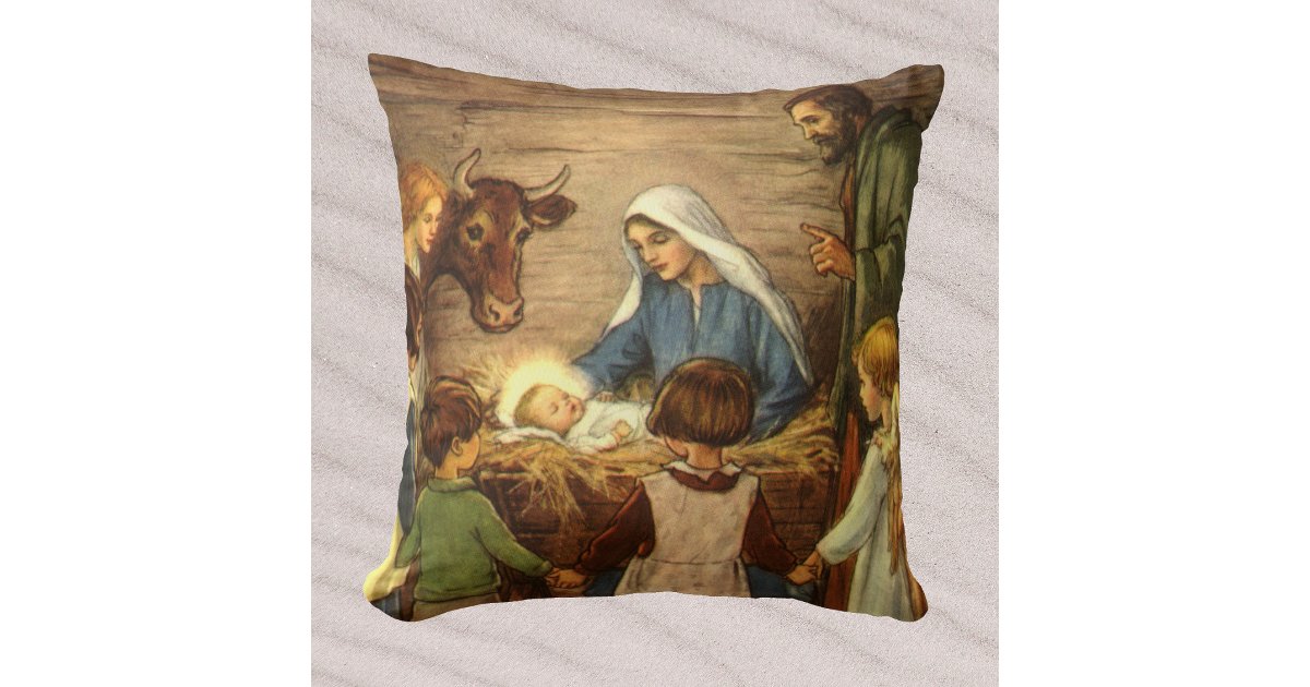Vintage Christmas, Religious Nativity w Baby Jesus Throw Pillow | Zazzle