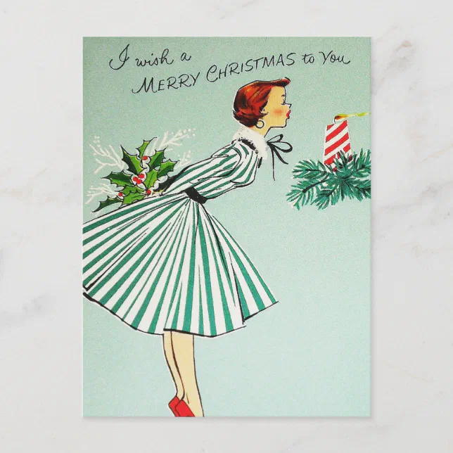 Vintage Christmas retro woman holiday postcard | Zazzle