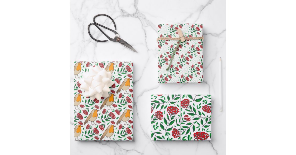 Vintage Christmas Robin Berries Red Green Pattern Wrapping Paper Sheets ...