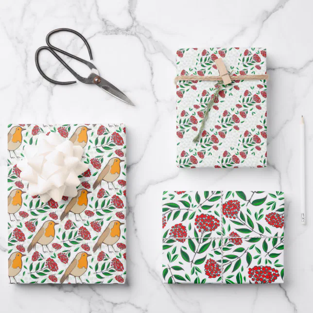 Vintage Christmas Robin Berries Red Green Pattern Wrapping Paper Sheets ...
