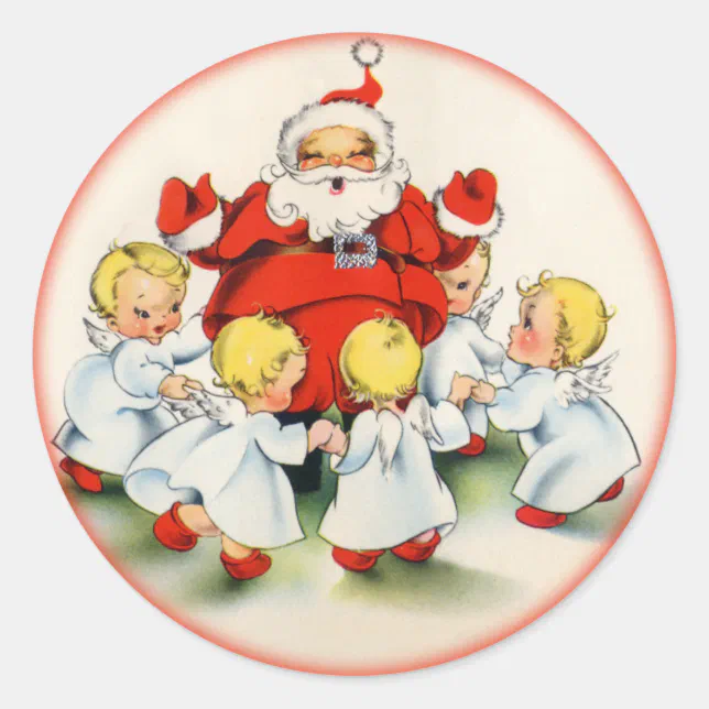 Vintage Christmas Santa and Angels Sticker | Zazzle