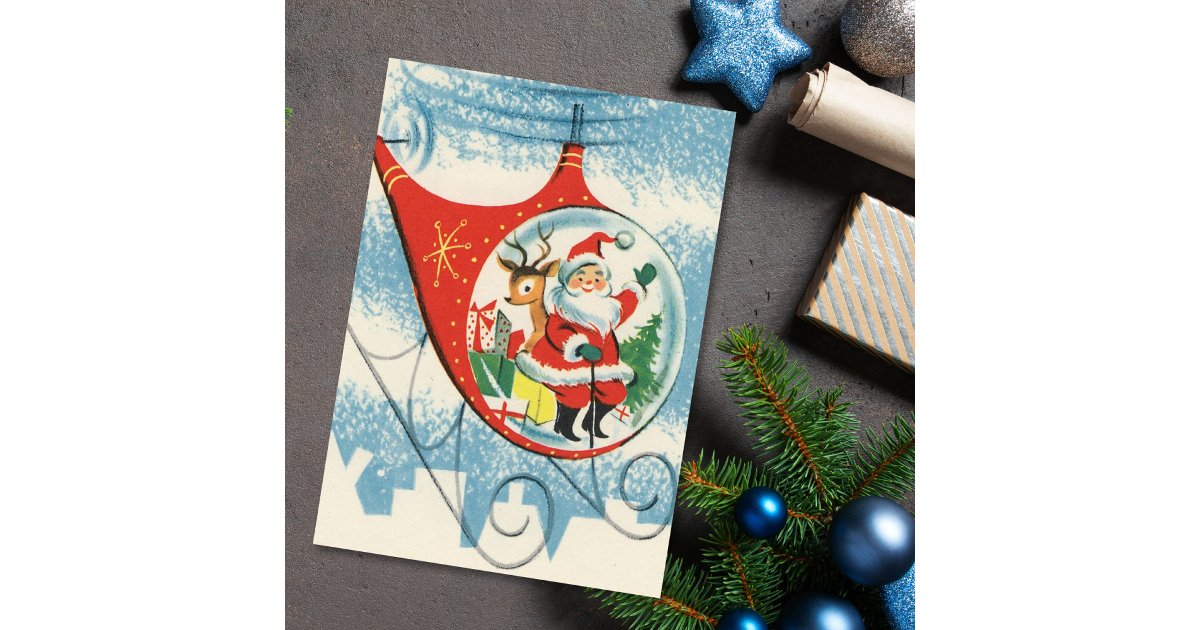 Vintage Christmas Santa And Reindeer In Helicopter Holiday Card | Zazzle