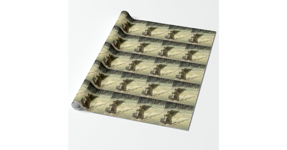 Vintage Christmas, Santa Claus Carrying a Tree Wrapping Paper | Zazzle