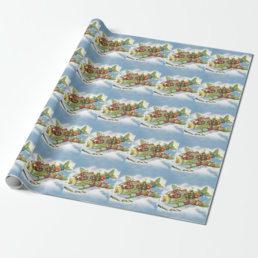 Vintage Christmas, Santa Claus Flying an Airplane Wrapping Paper | Zazzle
