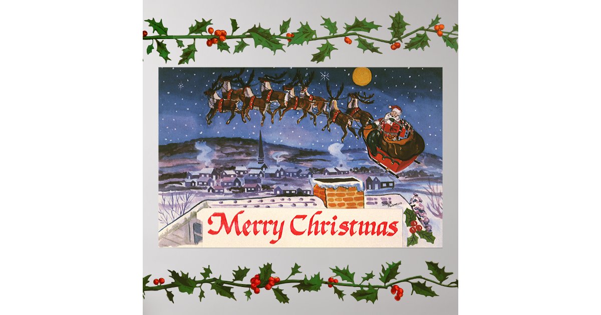Vintage Christmas Santa Claus Flying His Sleigh Poster | Zazzle