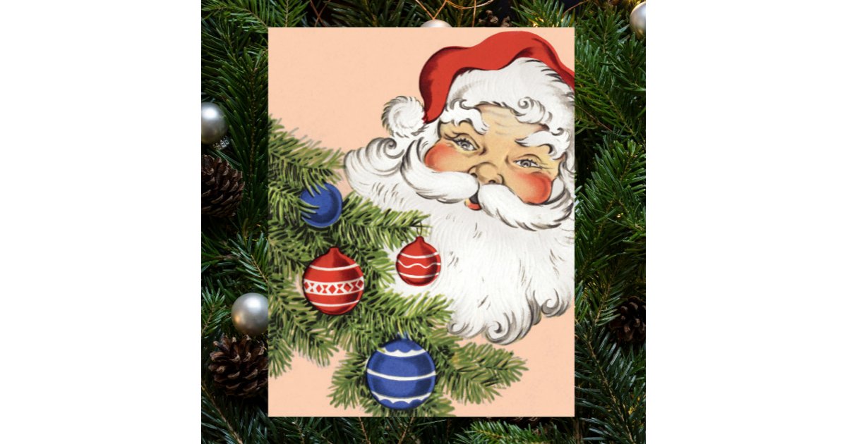 Vintage Christmas Santa Claus with Tree Ornaments Poster | Zazzle