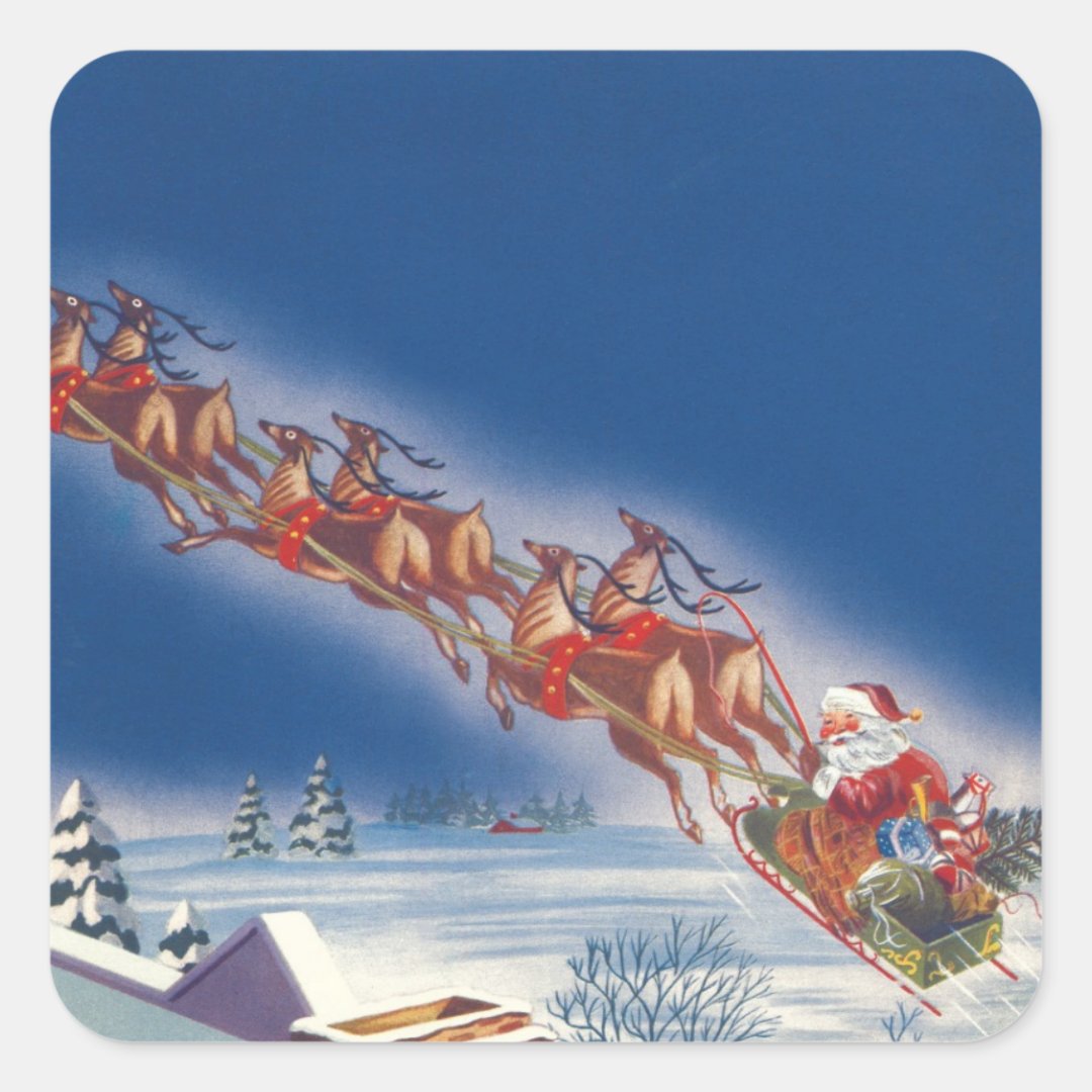 Vintage Christmas, Santa Flying Sleigh w Reindeer Square Sticker | Zazzle