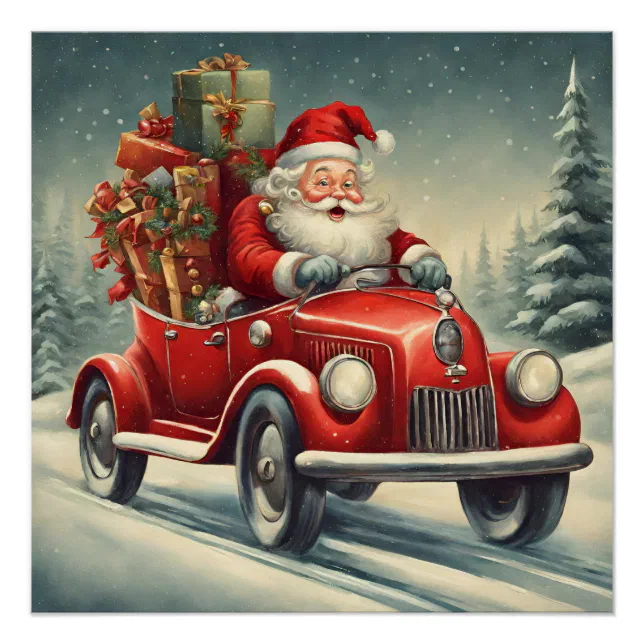 Vintage Christmas Santa in Red Car Poster | Zazzle