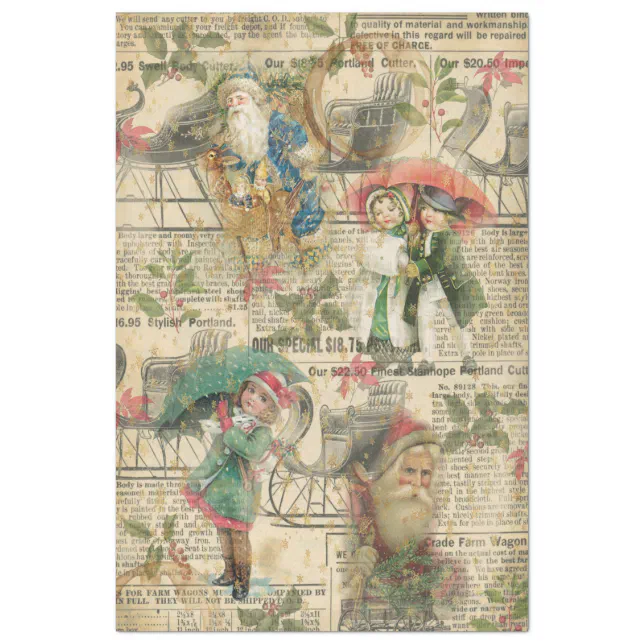 Vintage Christmas Santa Old Newspaper Children Tissue Paper | Zazzle