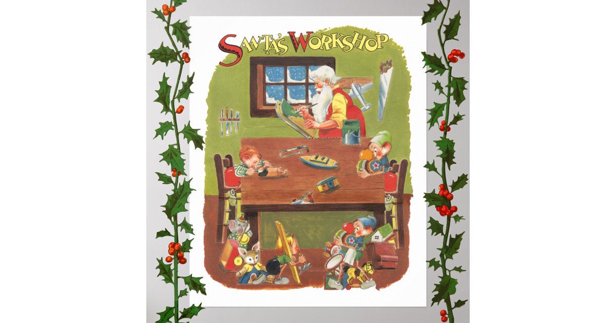 Vintage Christmas Santa with Elves in the Workshop Poster | Zazzle