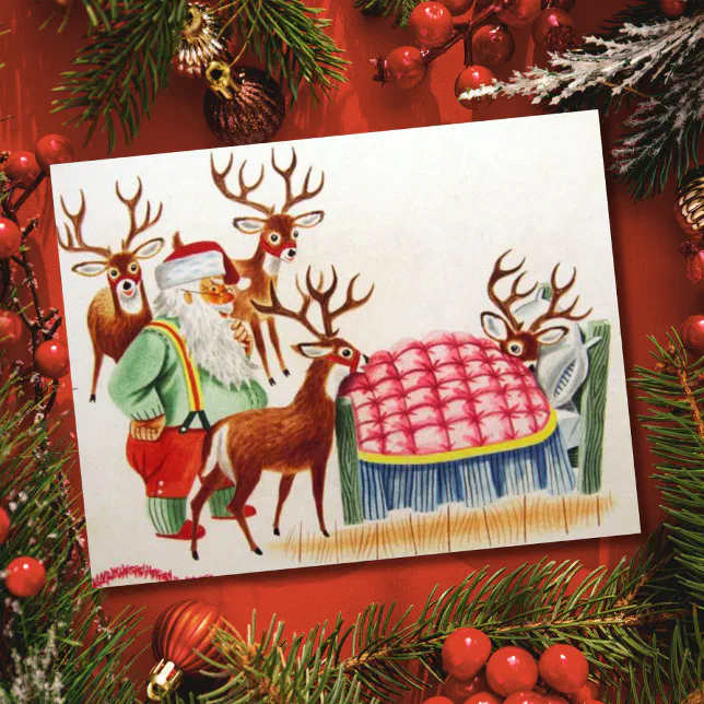 Vintage Christmas Santa With Sick Reindeer Holiday Card | Zazzle