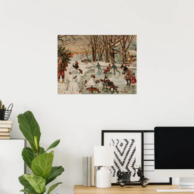 Vintage Christmas scene ice skating Poster | Zazzle