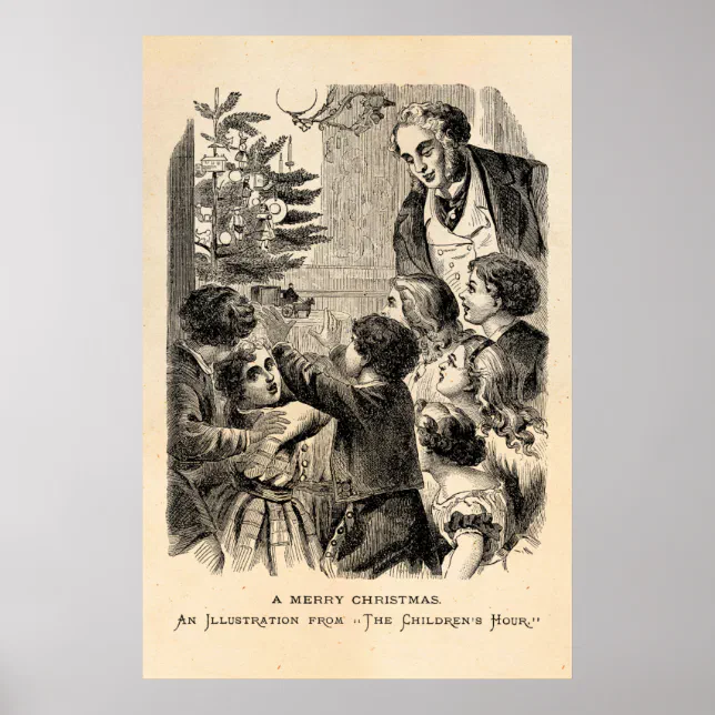 Vintage Christmas Scene Victorian Children by Tree Poster | Zazzle