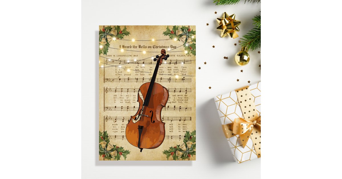 Vintage Christmas Sheet Music and Cello Holiday Card | Zazzle