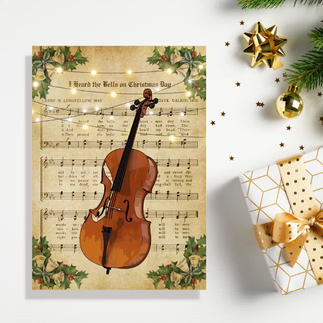 Vintage Christmas Sheet Music and Cello Holiday Card | Zazzle