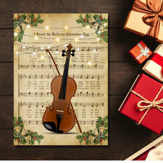 Vintage Christmas Sheet Music and Violin Holiday Card | Zazzle