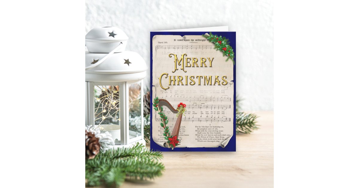 Vintage Christmas Sheet Music Harp Holiday Card | Zazzle