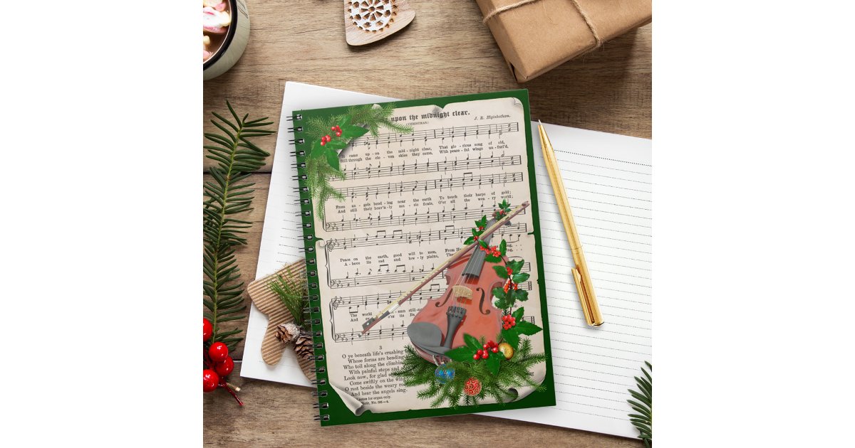 Vintage Christmas Sheet Music with Festive Violin Notebook | Zazzle