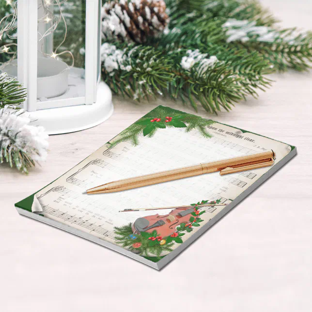 Vintage Christmas Sheet Music with Festive Violin Notepad | Zazzle